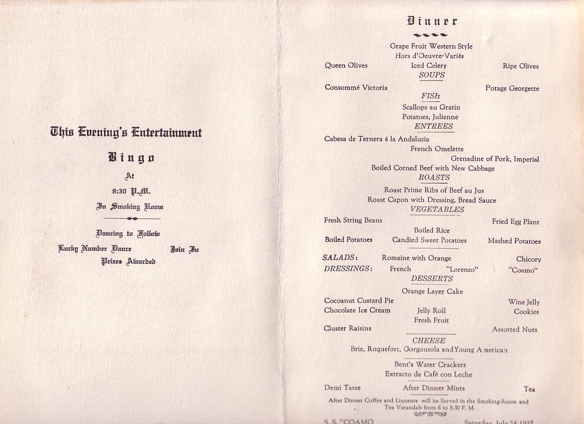 SS Coamo 1937 Cruise Puerto Rico Scene, Dinner Menu / HipPostcard