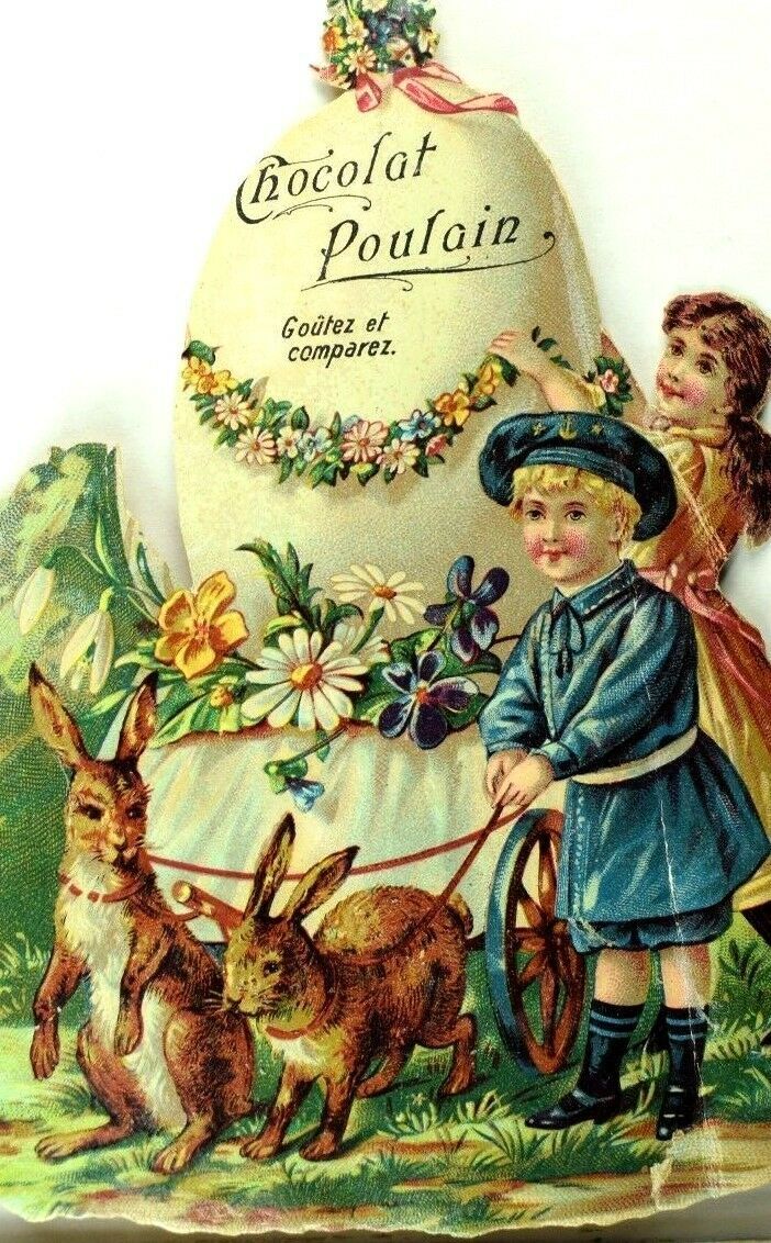 1880's Lovely Easter Giant Egg Cart Kids Bunnies Chocolat Poulain Die ...