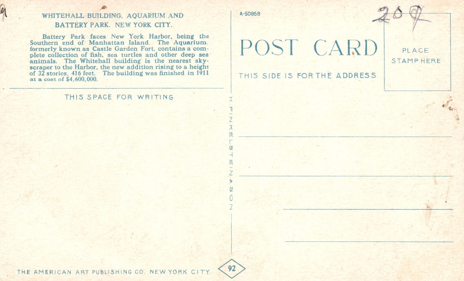 Vintage Postcard Whitehall Building Aquarium & Battery Park New York ...