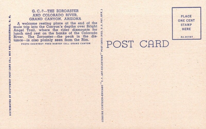 Postcard AZ Grand Canyon Zoroaster Colorado River 1938 Linen Vintage PC ...