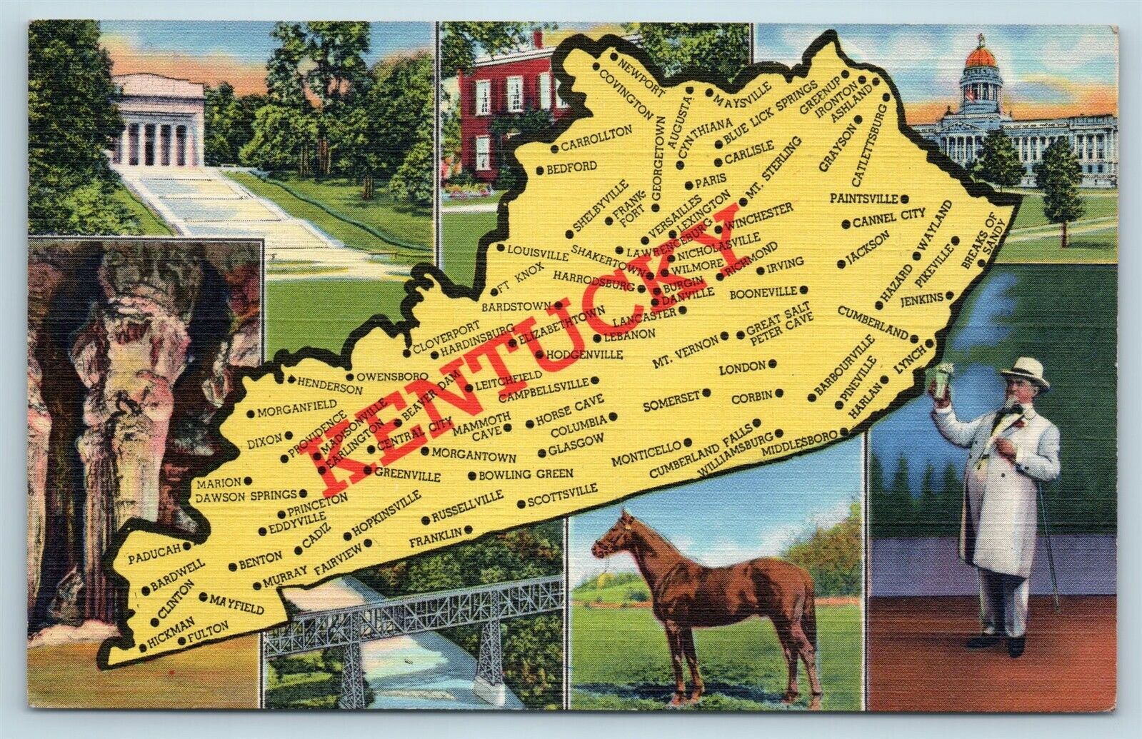 Postcard KY State Map Greetings Kentucky Cities Roads Attractions ...