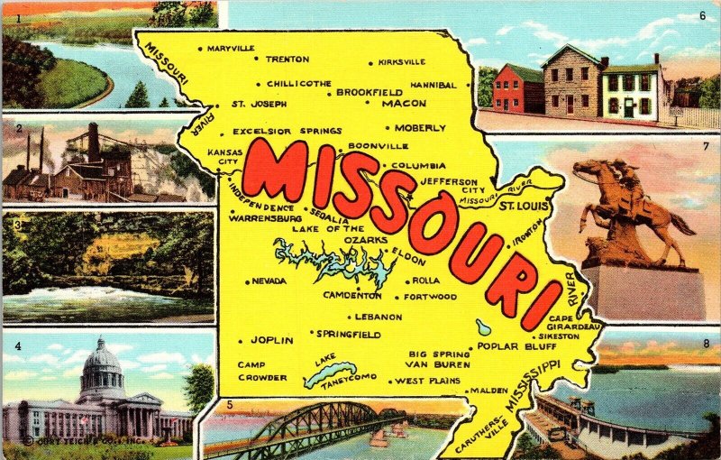 Missouri State Map Towns Multi View DB Genuine Curteich CT American Art ...