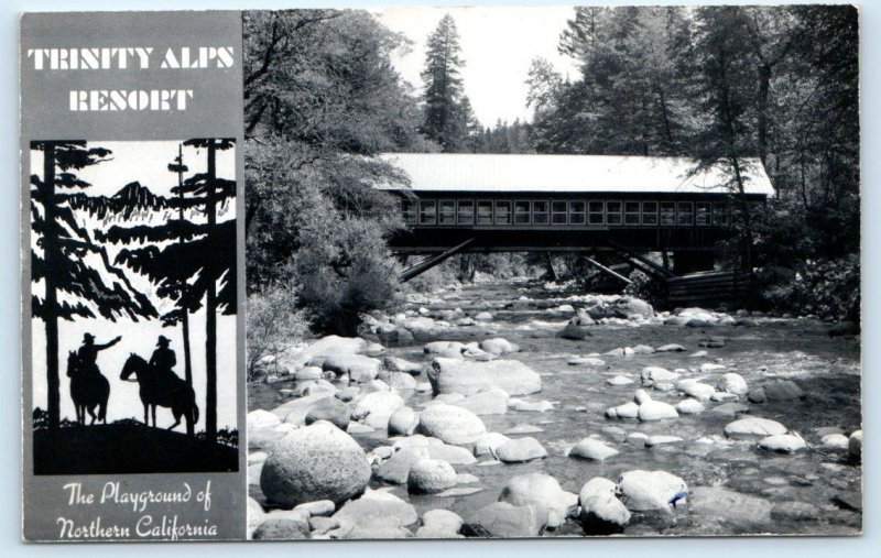 RPPC TRINITY CENTER, CA 1949 DINING ROOM over CREEK Trinity Alps Resort ...