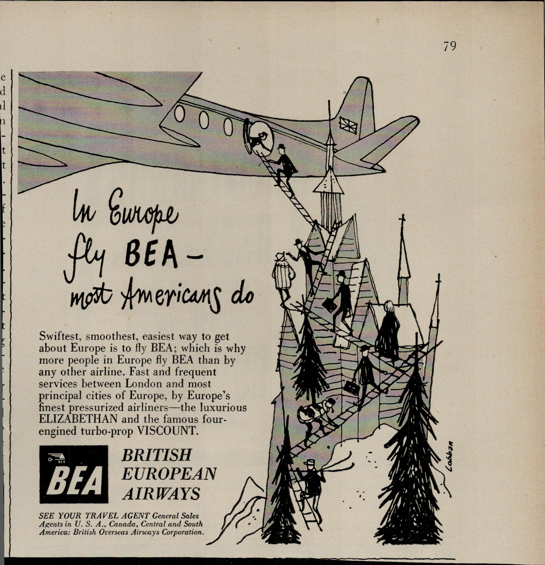 1956 In Europe Fly BEA People Climbing Ladder Boarding Plane VTG Print ...