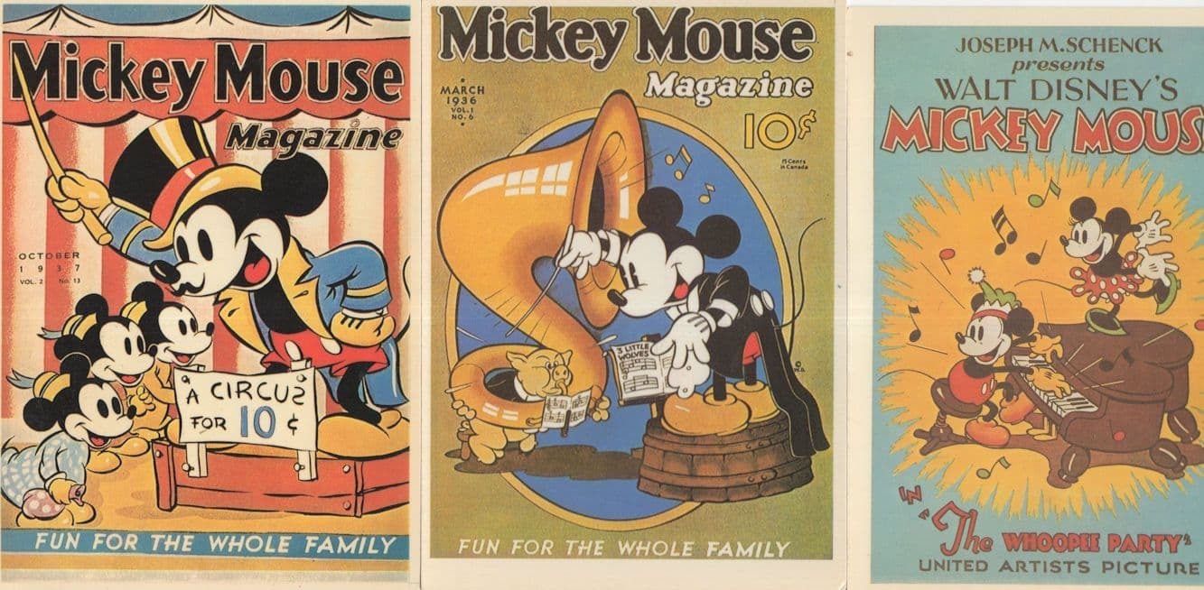 Mickey Mouse Magazine Circus Gramophone 3x Walt Disney Postcard s ...