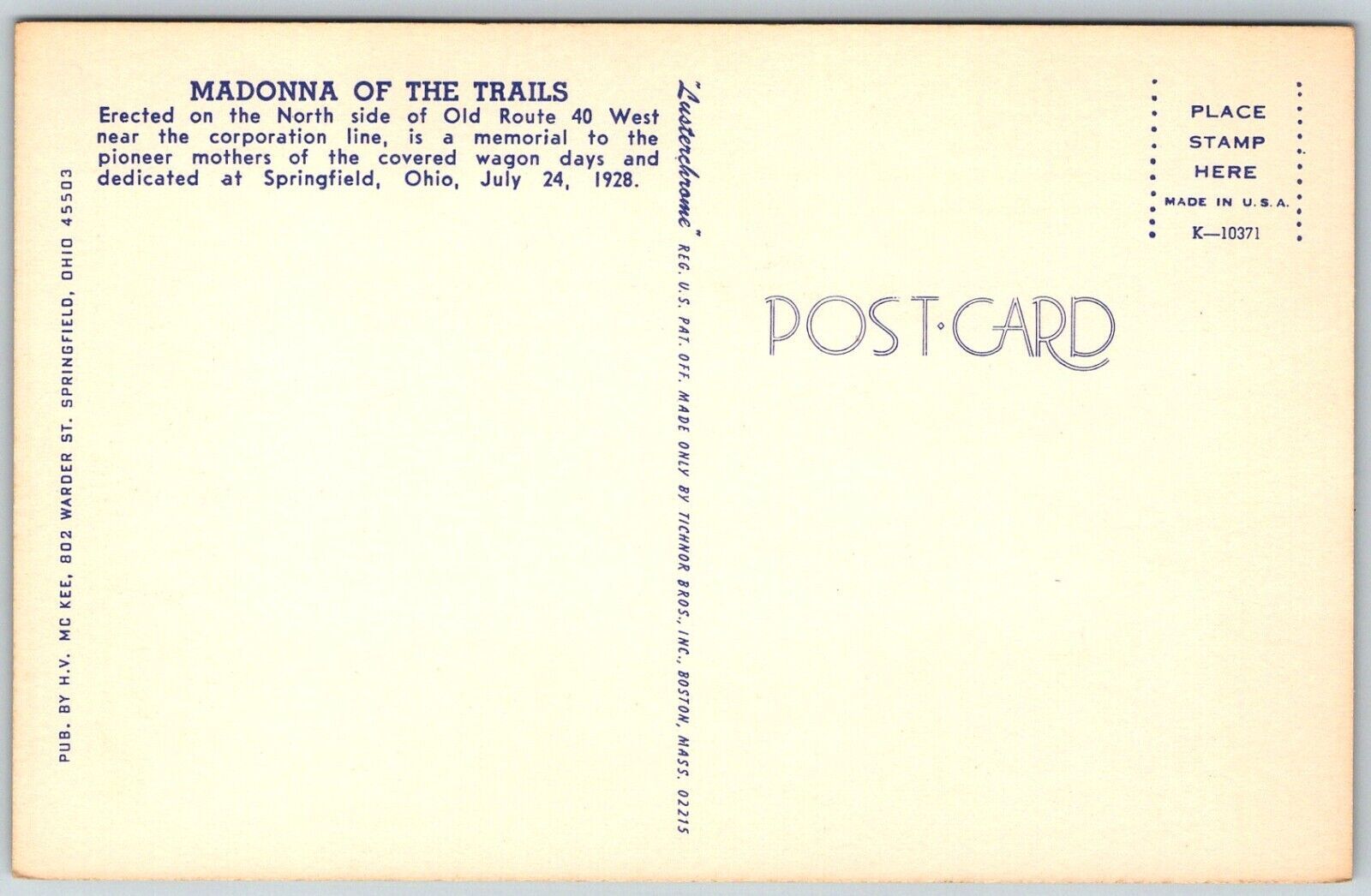 Springfield Ohio 1960s Postcard Madonna Of The Trails Monument | United ...