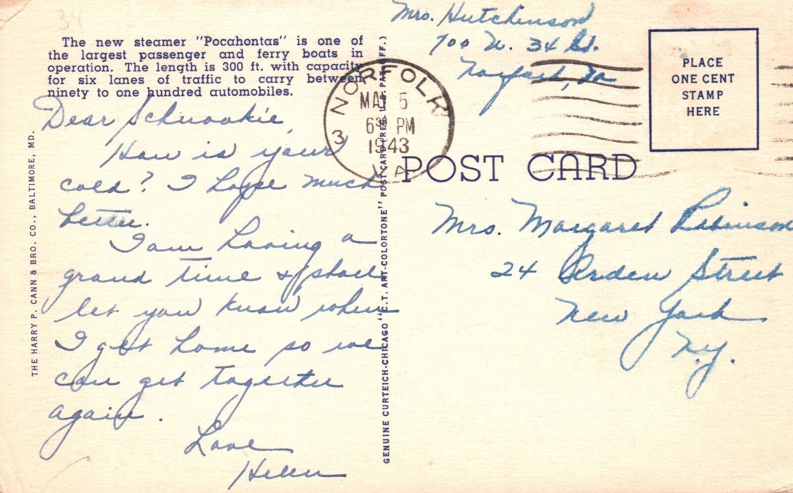 Vintage Postcard 1943 Pocahontas Ferry Boat Between Cape Charles On ...