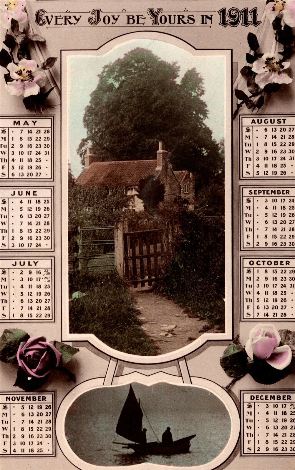 RPPC 1911 Happy Days Calendar Sail Boat Cottage Flowers Real Photo ...