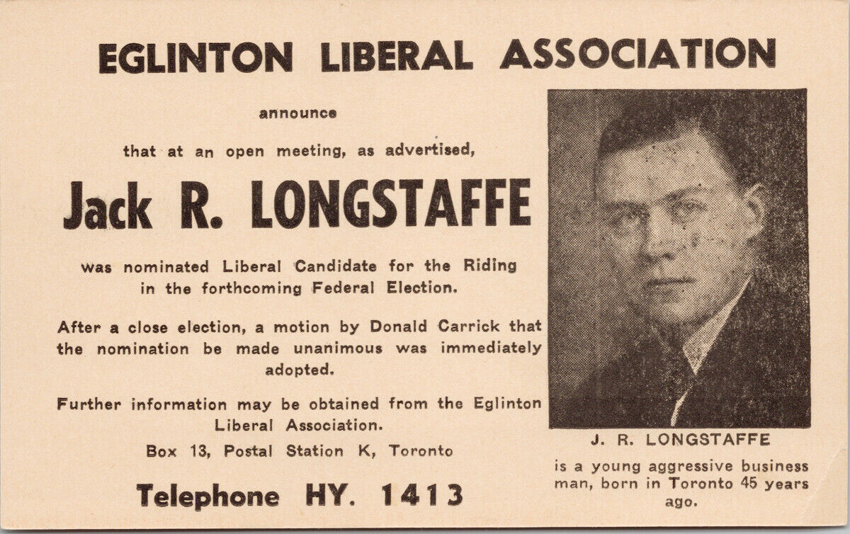 Jack Longstaffe Eglinton Liberal Candidate Ontario Canada Late 1940's ...