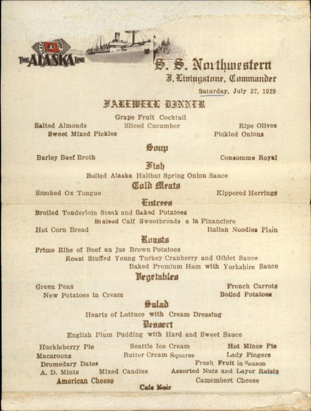 Alaska Steamship Co 1929 Farewell Dinner Menu SS Northwestern Postcard ...