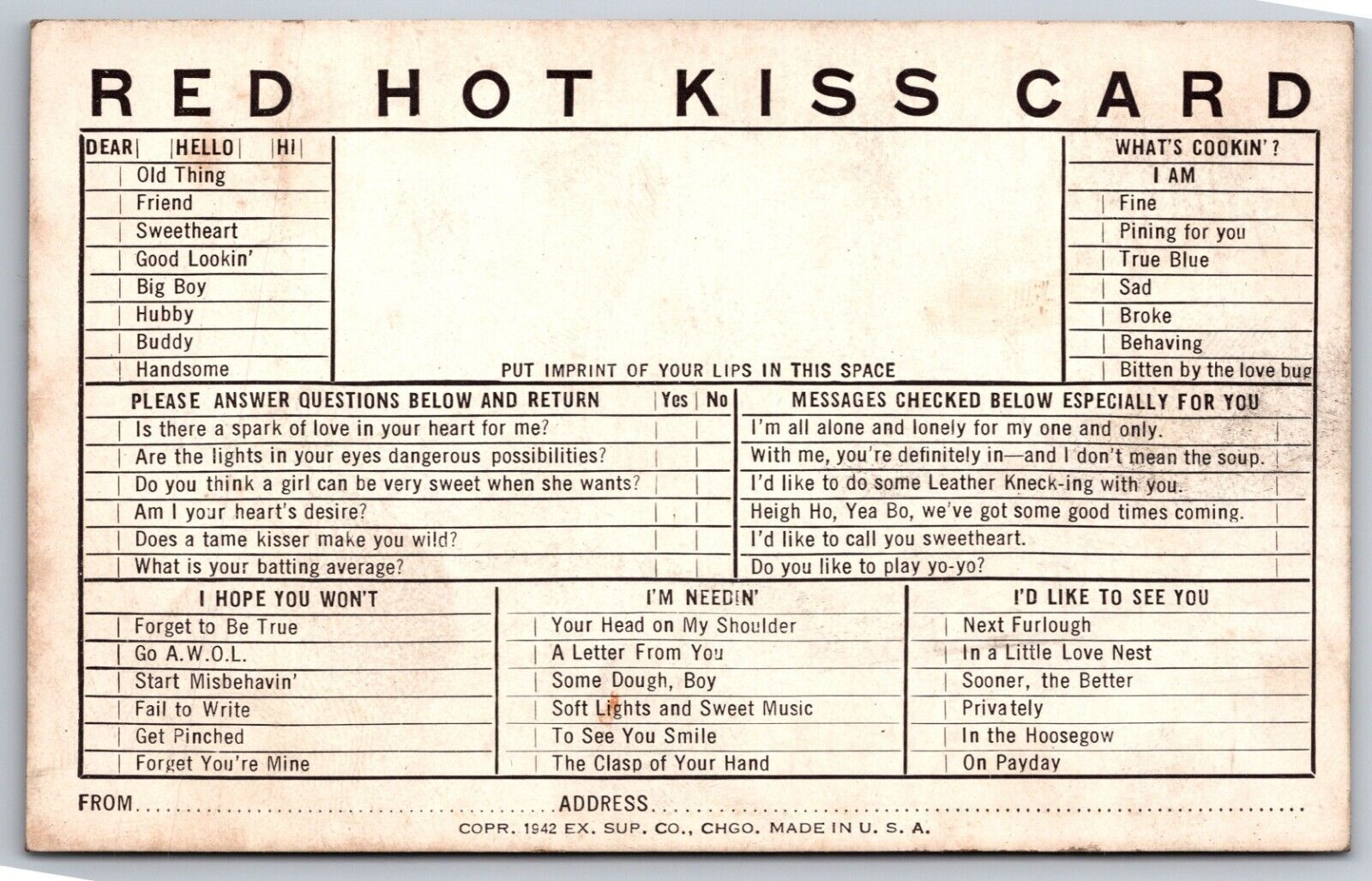 1940s Comic Arcade Card Ex Sup Co Red Hot Kiss Card Chicago K5 | United ...