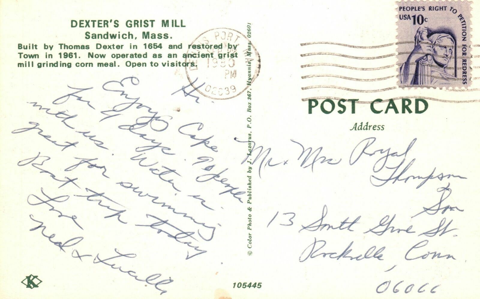 Vintage Postcard Dexter's Grist Mill By Thomas Dexter Sandwich ...