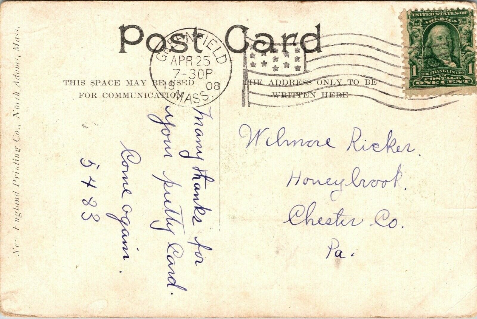 Mansion House Greenfield Mass Postcard Divided Back Fugland Printing PM ...