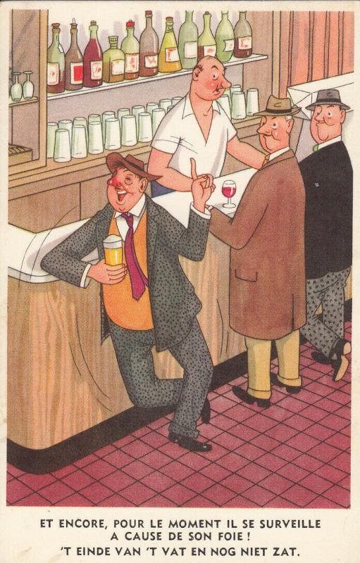 Social humour comic beer red nose alcohol drunk man bartender bar scene ...