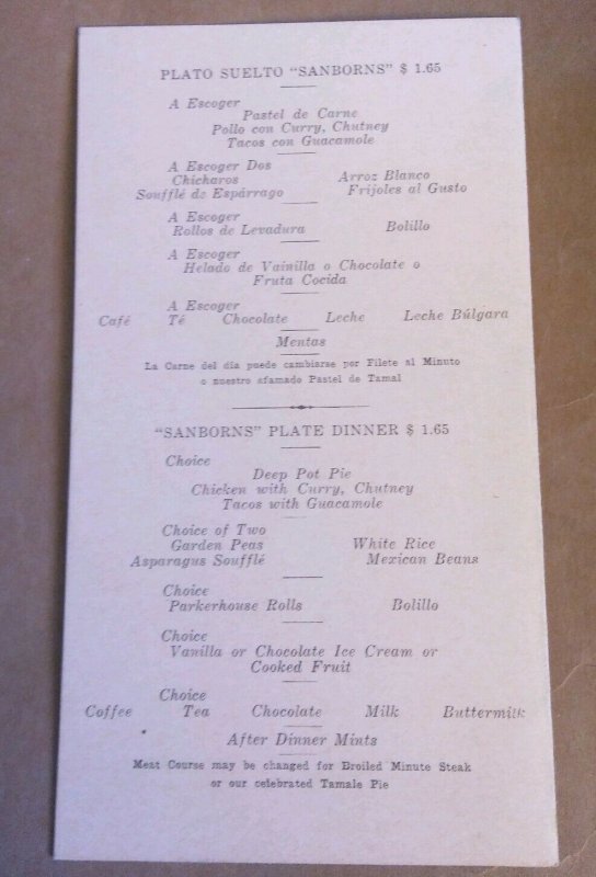 1930's Dinner Menu for SANBORNS Restaurant in MEXICO | Ephemera - Menus ...