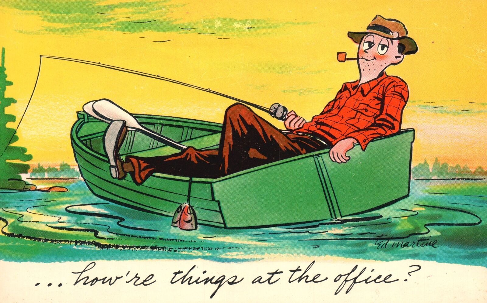 Vintage Postcard How're Things at the Office? Man on Boat while Fishing ...