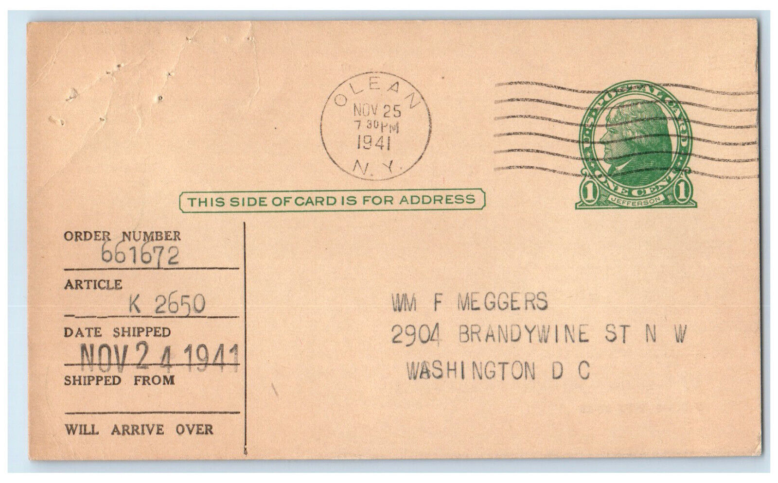 1941 Order Shipped Sears Roebuck and Co. Philadelphia PA Postal Card ...