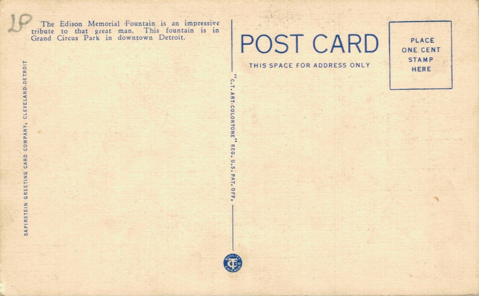 USA Edison Memorial Fountain Grand Circus Park Detroit Linen Postcard ...