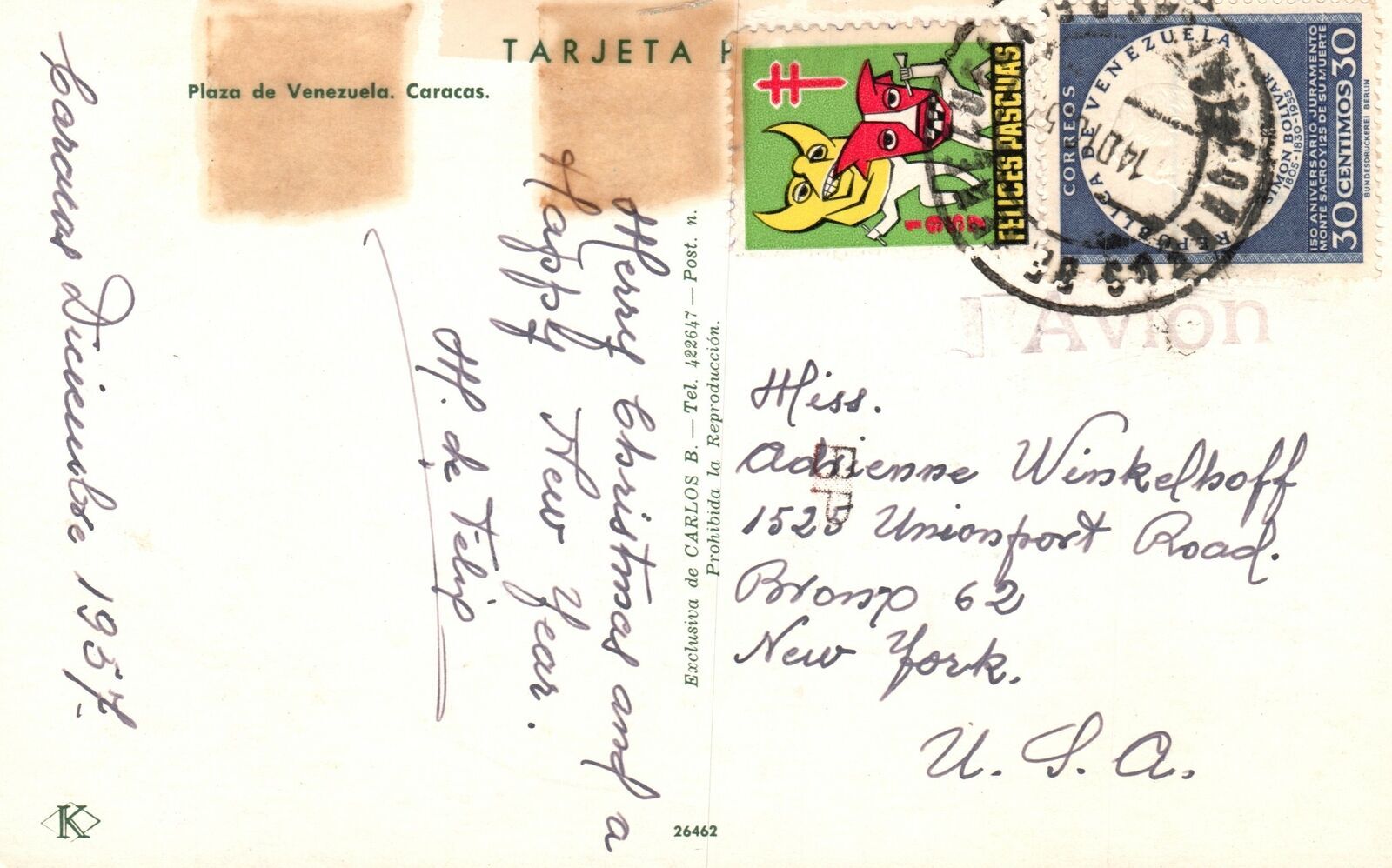 Vintage Postcard Plaza de Venezuela Public Square in Caracas, Venezuela ...