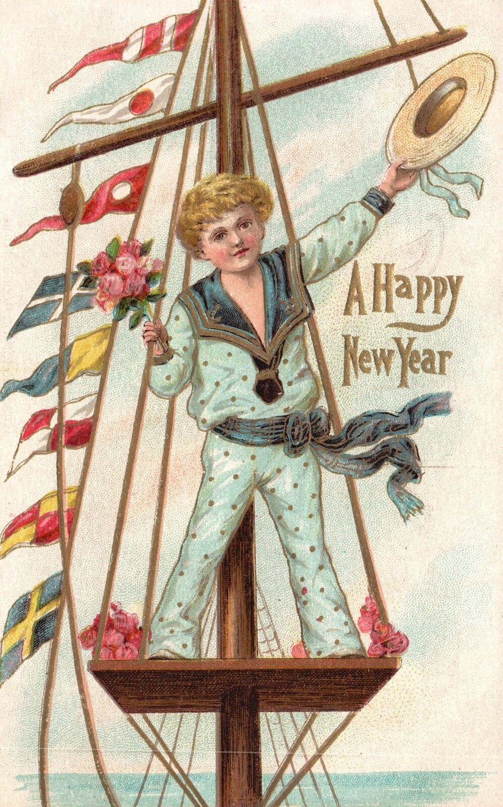 Vintage Postcard A Happy New Year Boy On To Of Ship Sailing Greetings ...