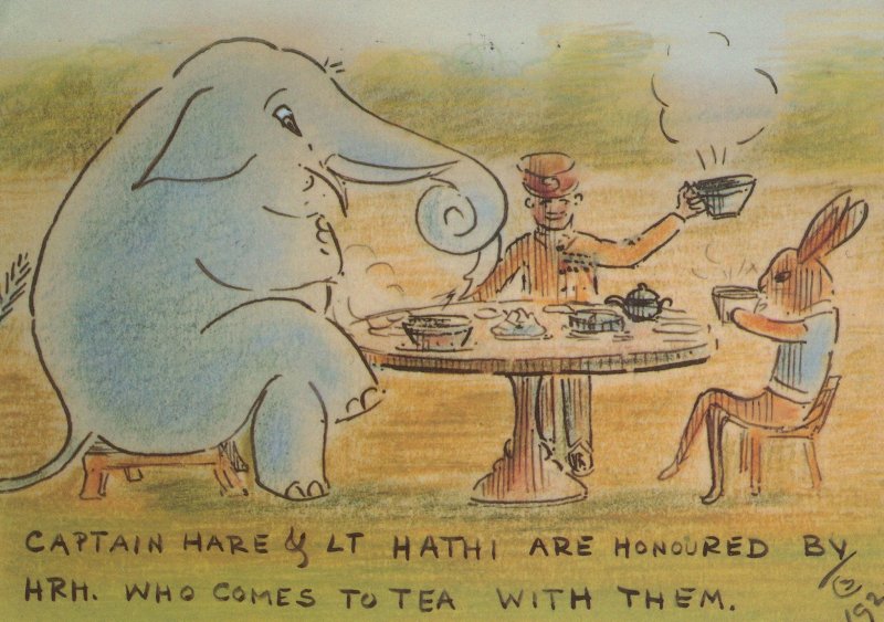Elephant Drinking Tea With HRH Hare Comic Old Painting Postcard ...