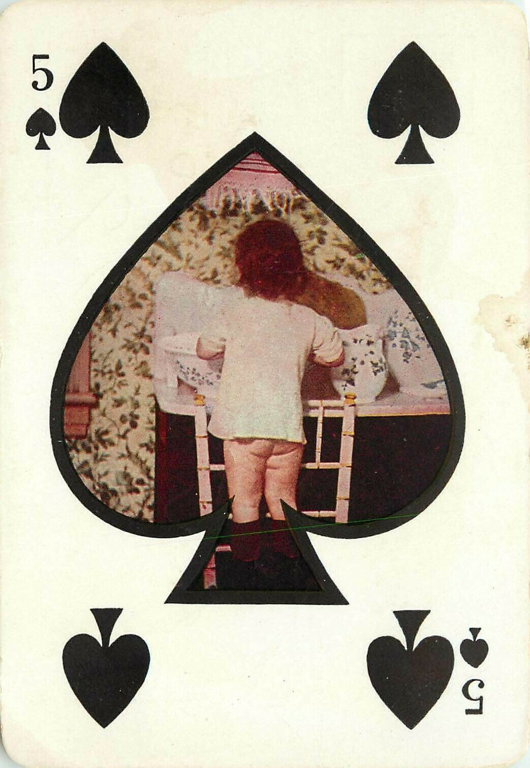 c1908 Postcard; Playing Card 5 of Spades, Bare-Bottom Child Washing Up ...