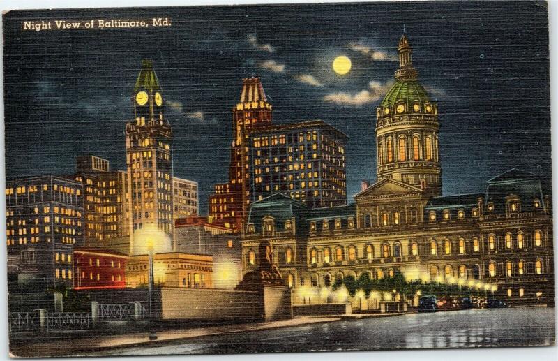 Night View of Baltimore - City Hall, Maryland Causality Tower Building ...