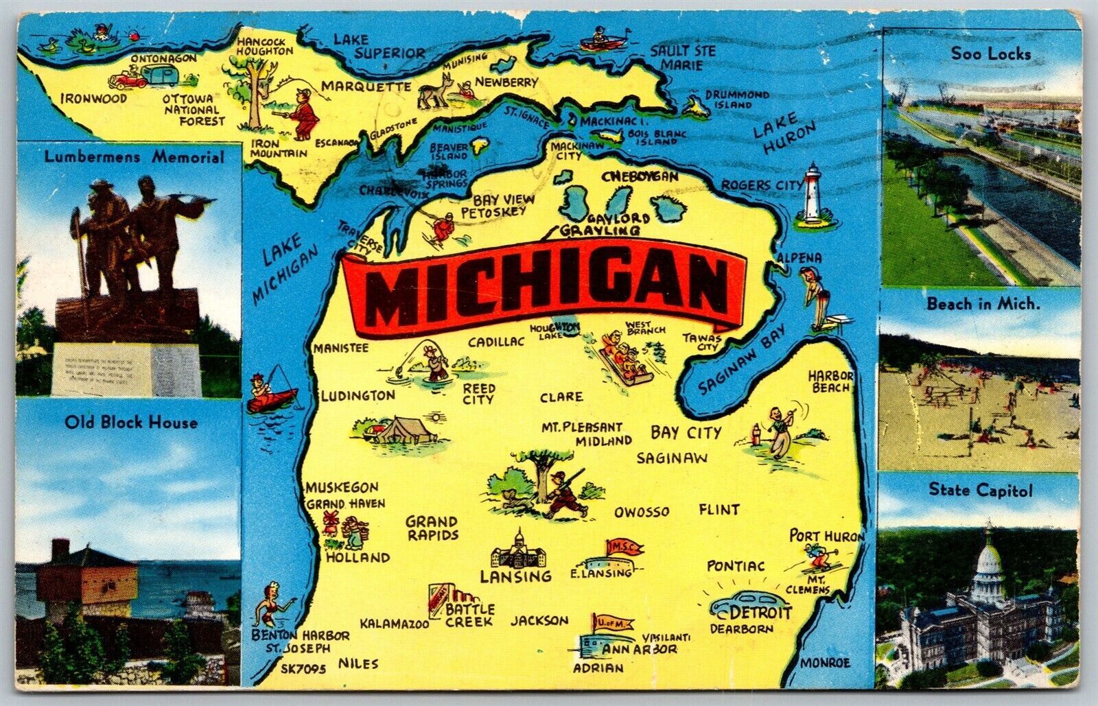 Vtg Michigan MI State Map Lumbermens Memorial Soo Locks Old Block House ...