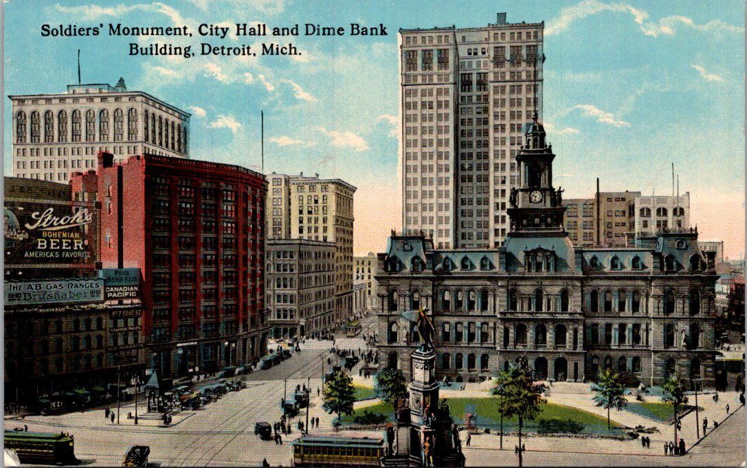 Michigan Detroit City Hall Soldiers' Monument and Dime Bank Building ...