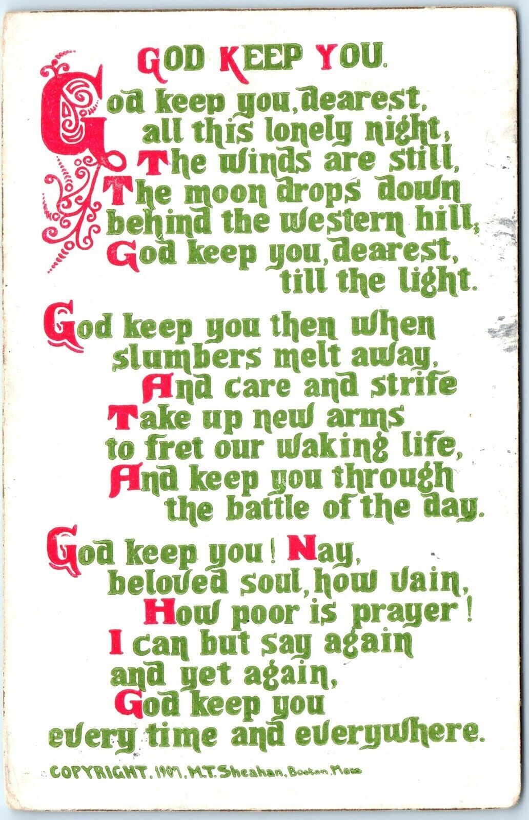 1907 MT Sheahan Good Motto "God Keep You" Christian Poem Postcard ...