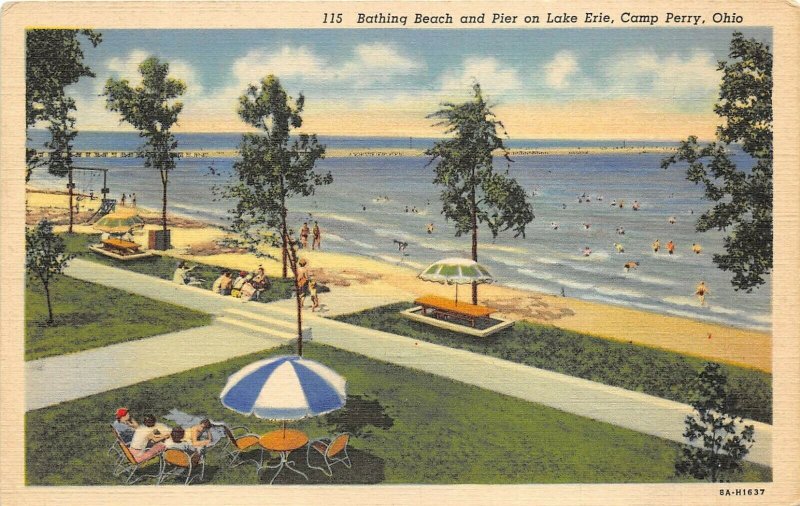 Camp Perry Ohio 1952 Postcard Bathing Beach and Pier on Lake Erie ...