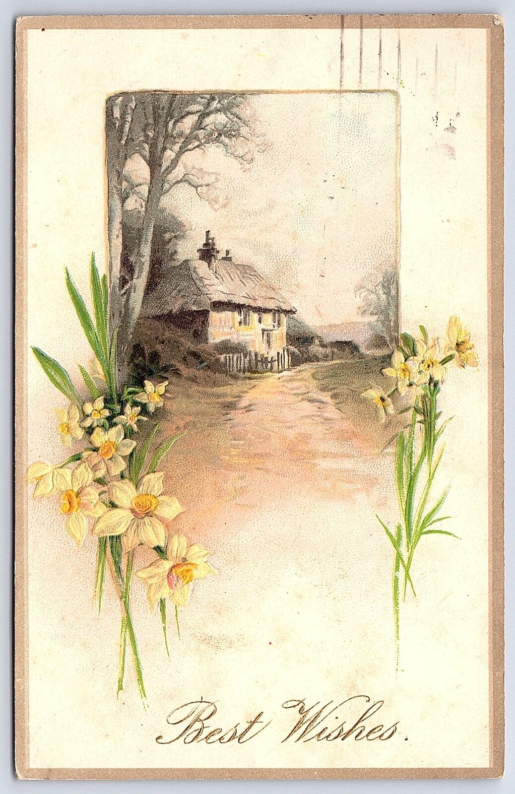 Vintage Postcard 1911 Best Wishes Greetings Countryside House Pathway w ...