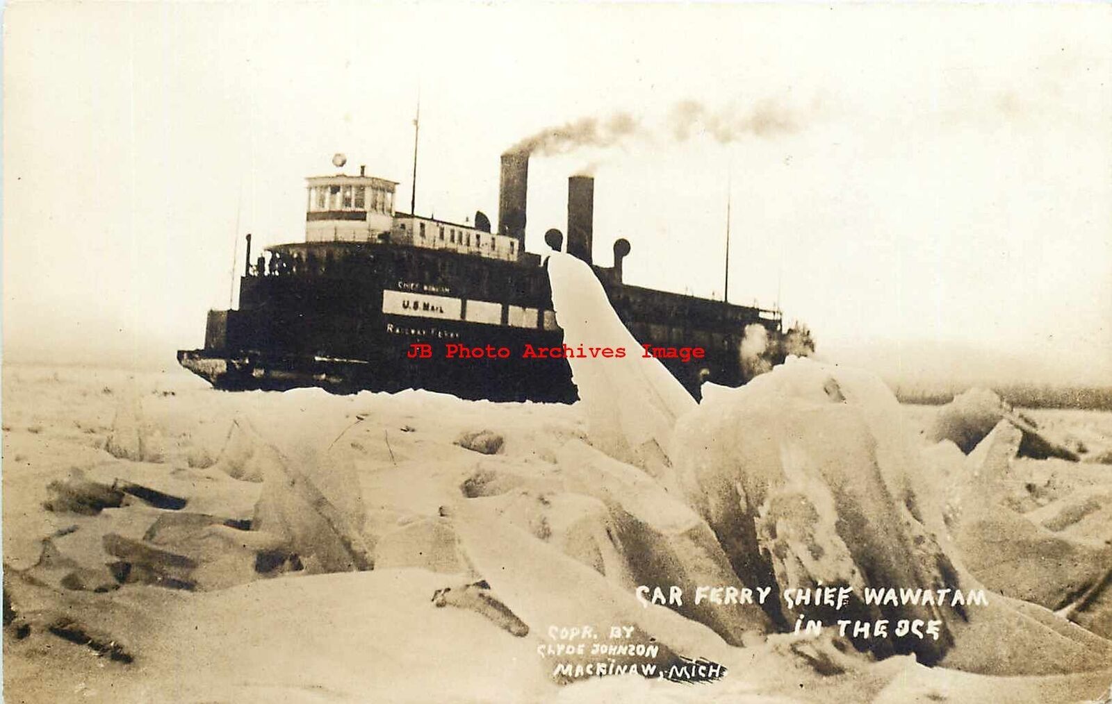 Steamer Car Ferry Chief Wawatam, RPPC, Mackinaw, Michigan, Winter Ice ...