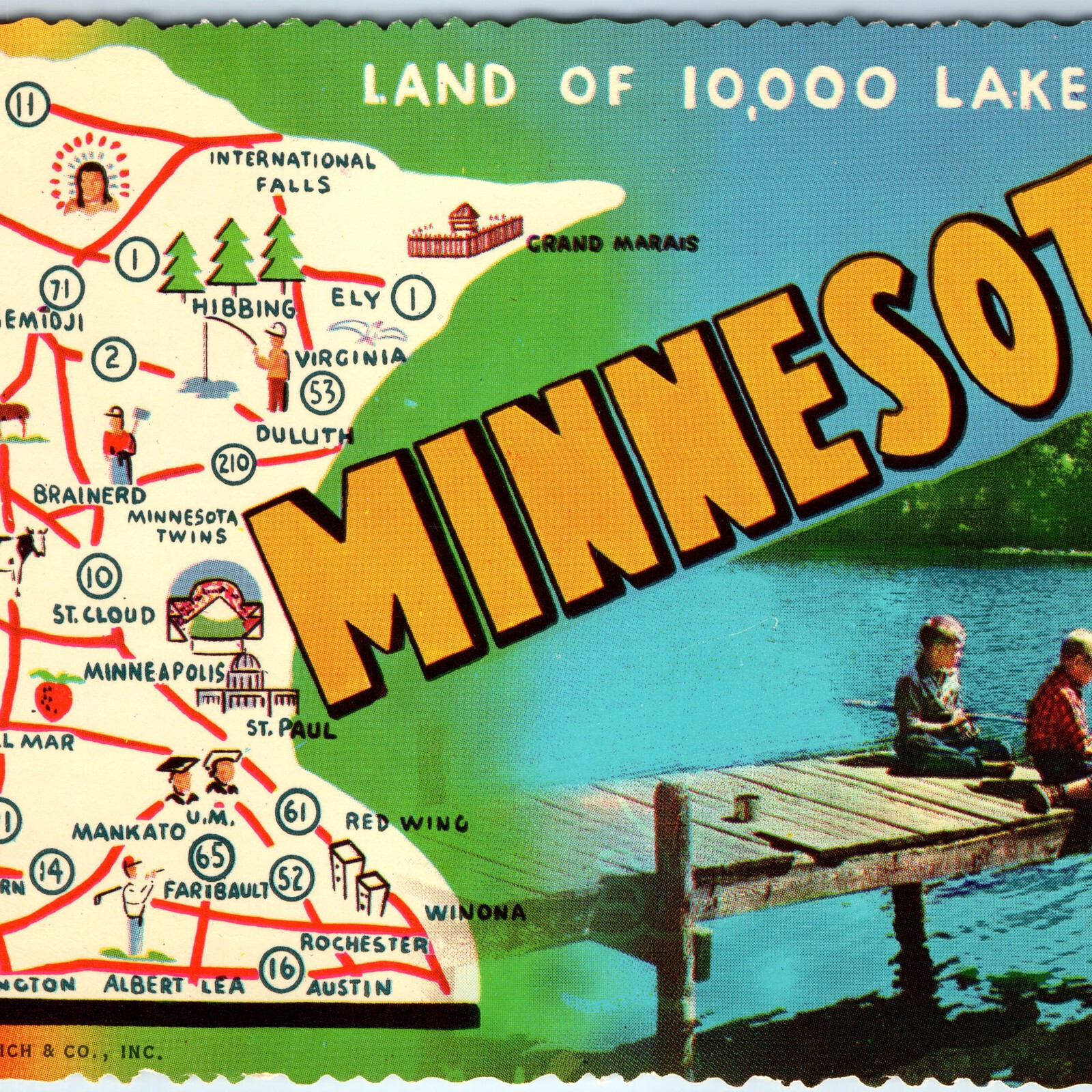 c1960s MN, Minnesota Greetings Map Legend Young Men Boys Fishing Dock ...