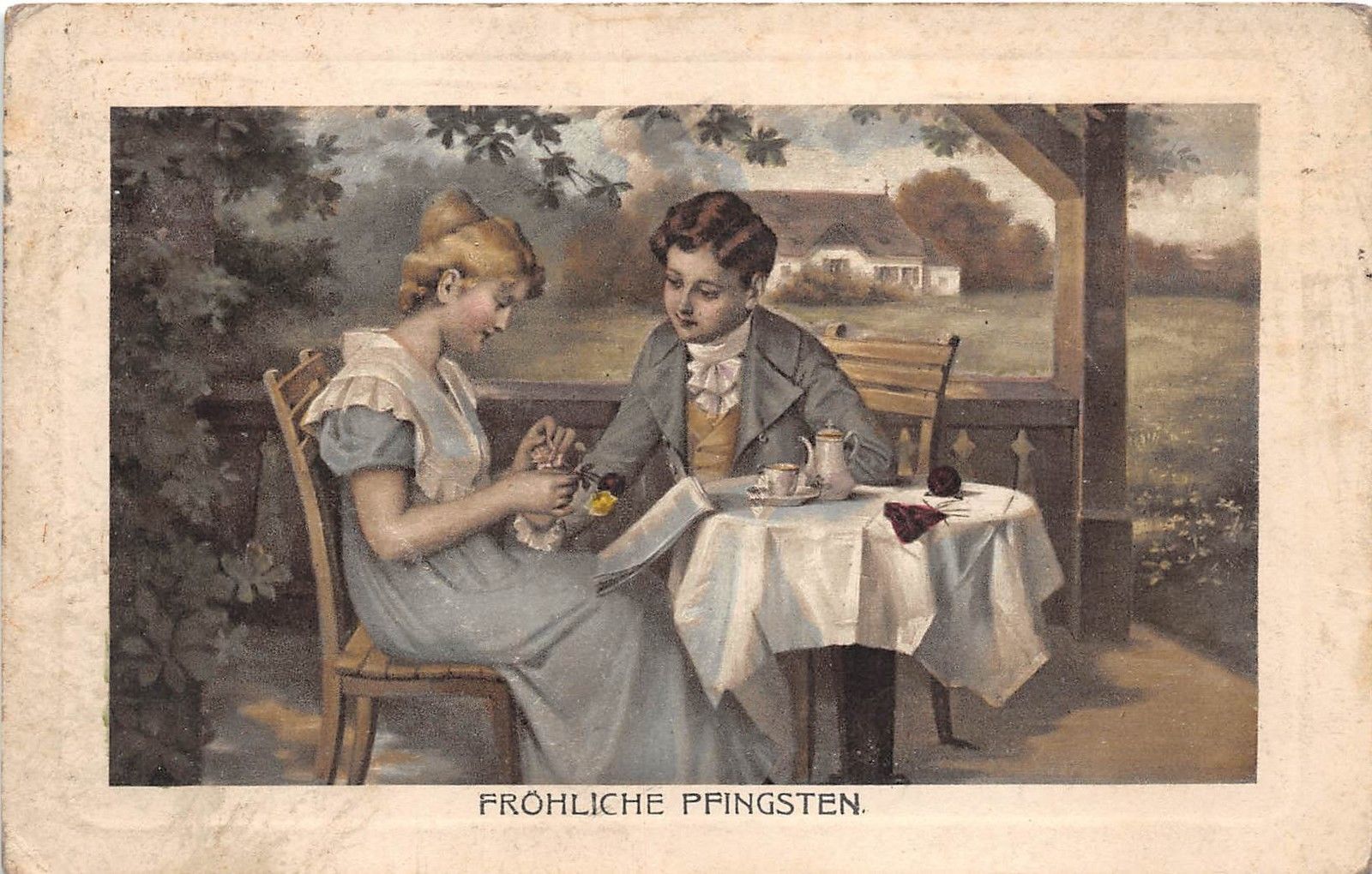 BG4343 boy and girl at table pfingsten pentecost germany greetings ...
