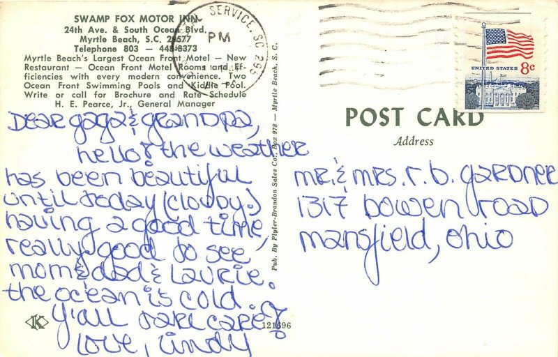 Myrtle Beach South Carolina 1970s Postcard Swamp Fox Motor Inn | United ...