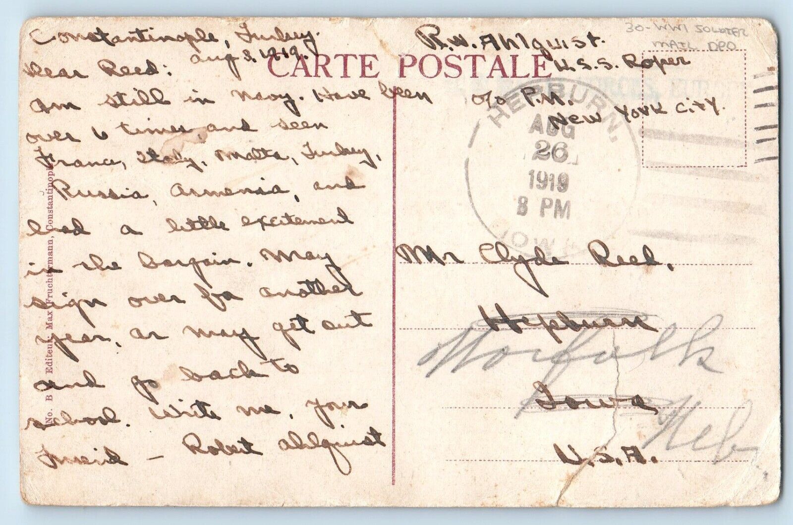 DPO Hepburn Iowa IA Postcard Steamer Boat WWI Soldier Mail 1919 Posted ...