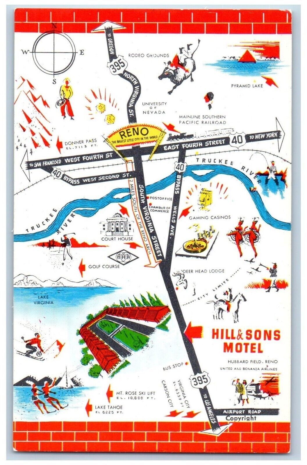 Reno Nevada NV Postcard Hill & Sons Motel Map c1940 Shini Color Vintage ...