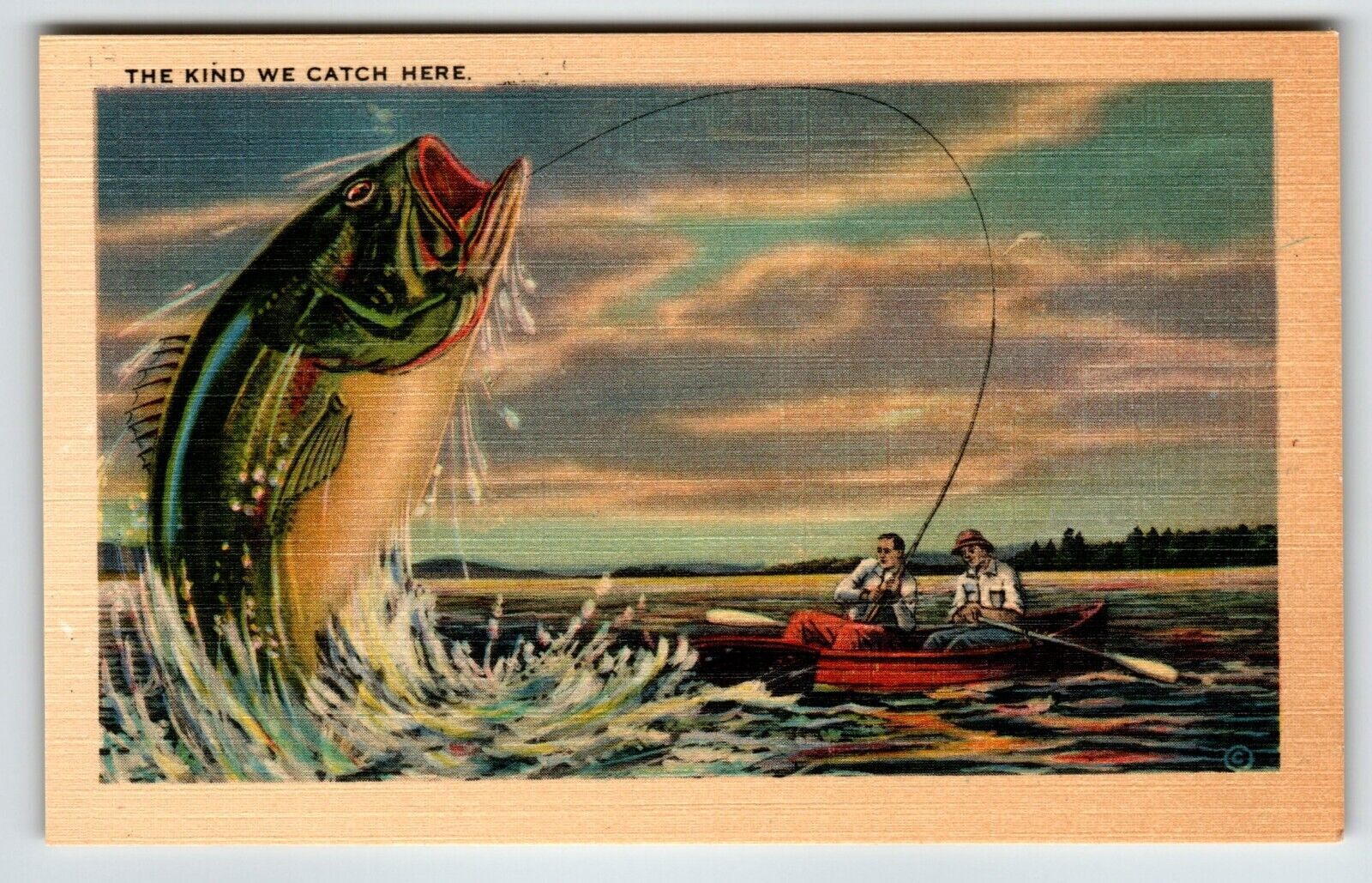 Fishing Linen Postcard Giant Exaggerated Fish Canoe Boat Big Catch Pole ...