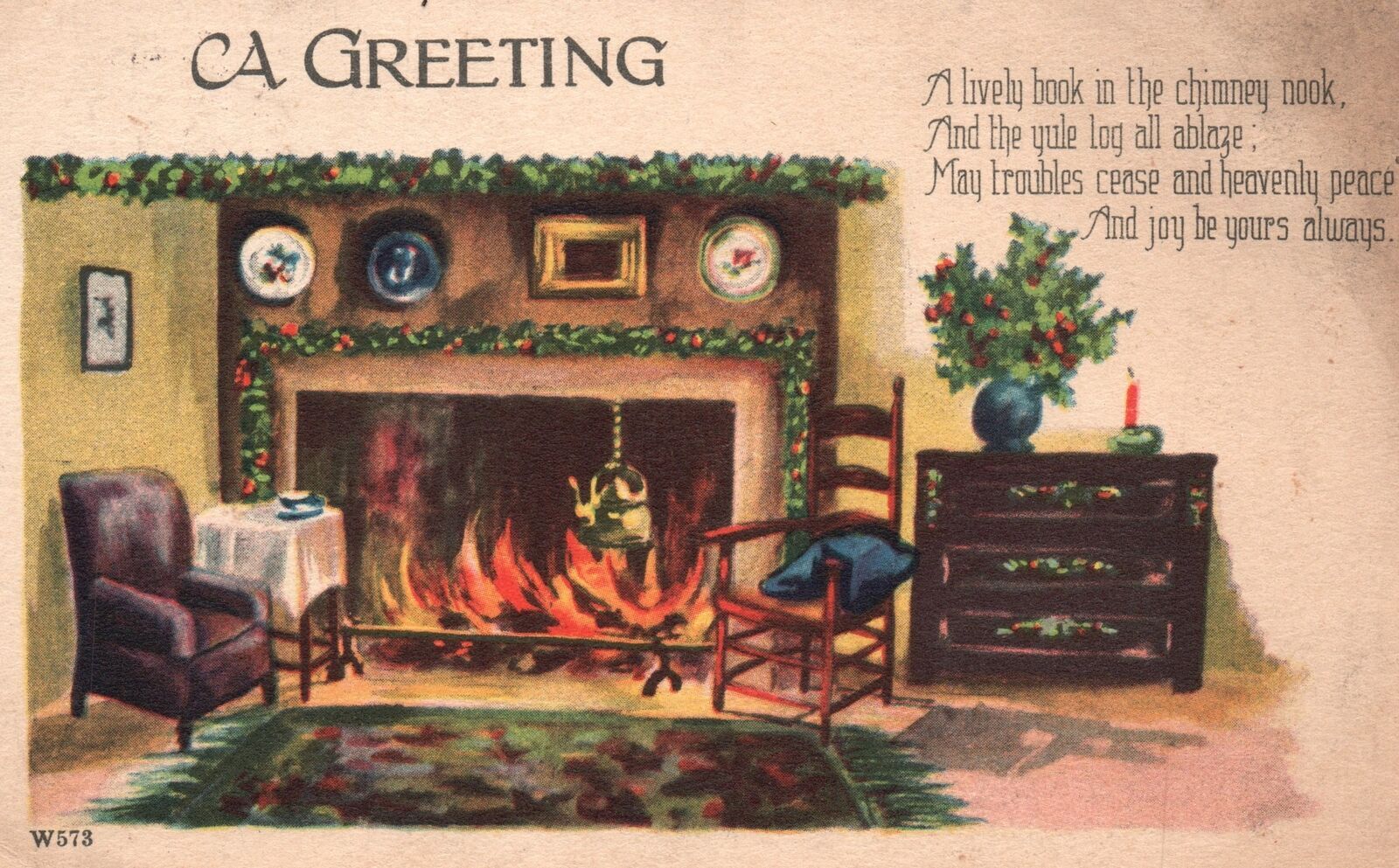 Vintage Postcard 1925 Christmas Greetings Card Chimney Nook & Yule Log ...