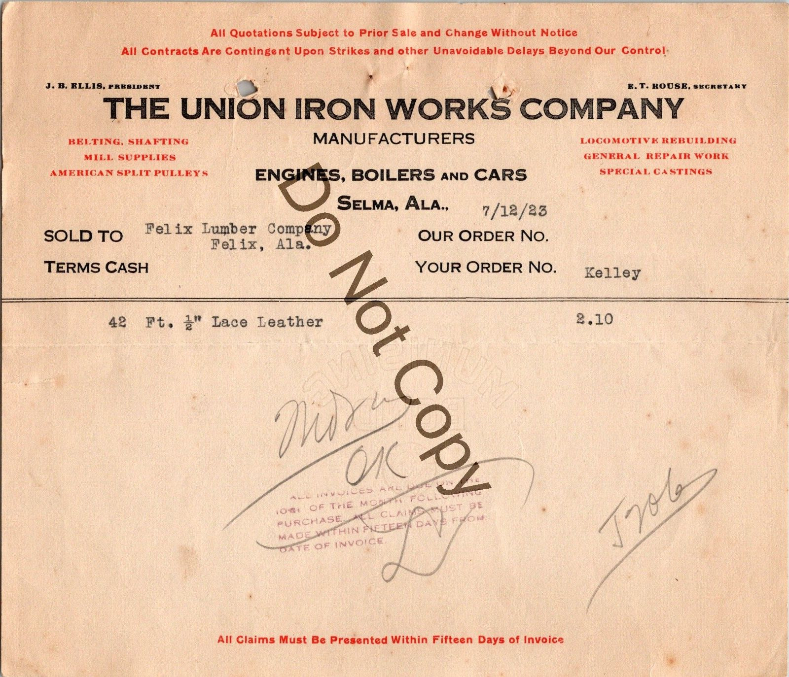 Vintage 1923 The Union Iron Works Company Manufacturers Engines SELMA ...