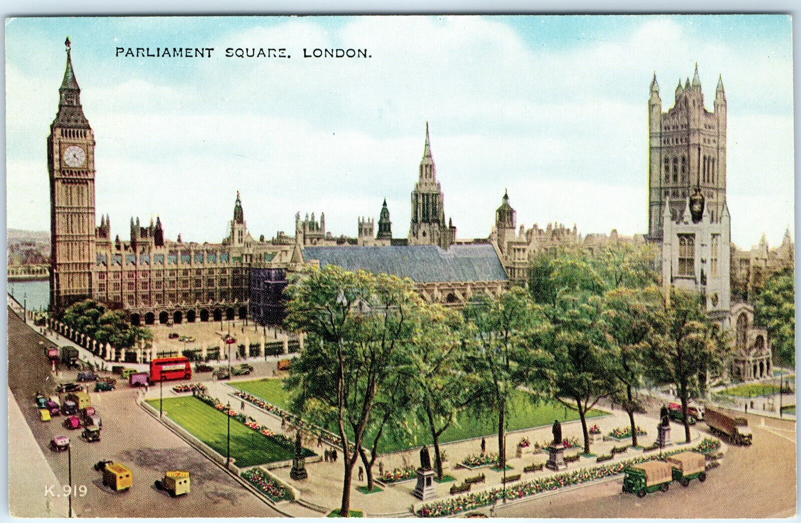 c1930s London, England Parliament Square Big Ben Clock Tower Red Bus ...