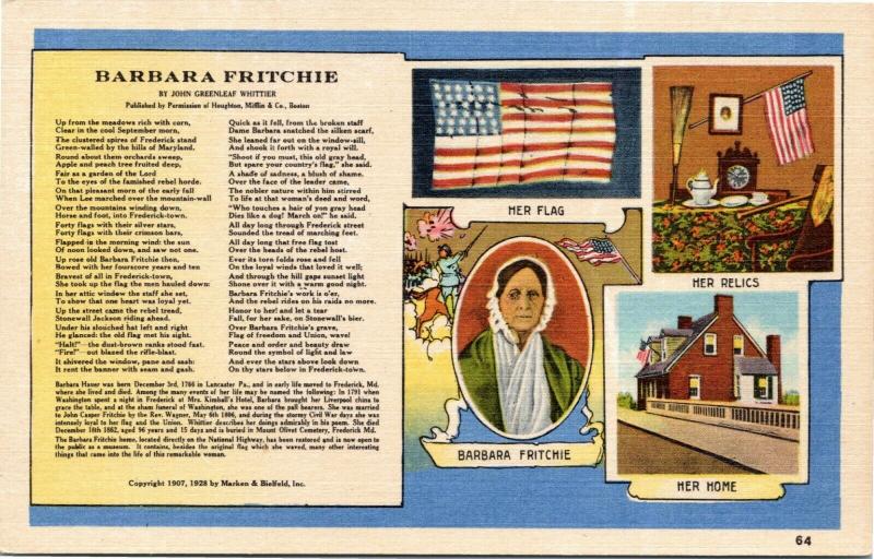 Barbara Fritchie poem by John Greenleaf Whittier, Frederick Maryland ...