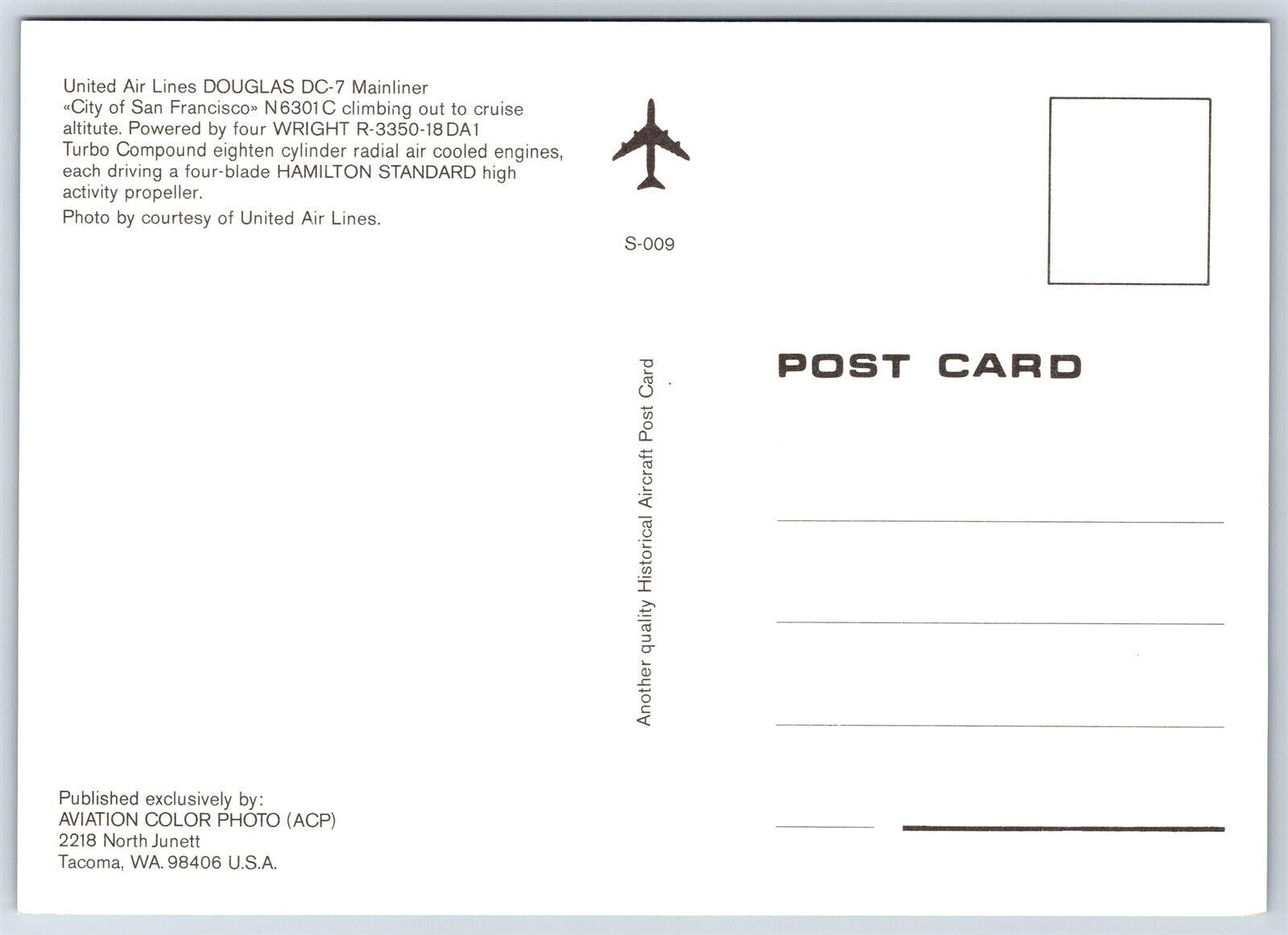 Airplane Postcard United Airlines Douglas DC-7 Mainliner City of San ...