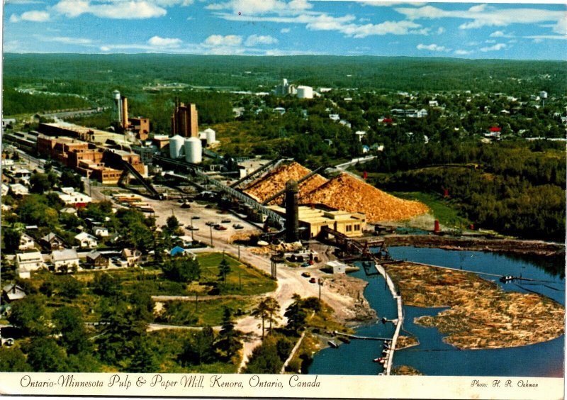 Postcard ON Kenora Ontario Minnesota Pulp & Paper Mill Aerial View ...