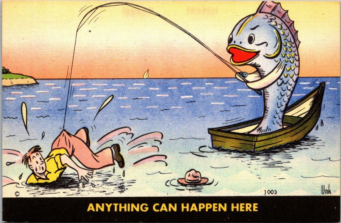 Humour Fishing Anything Can Happen Here | Topics - Humour, Postcard ...