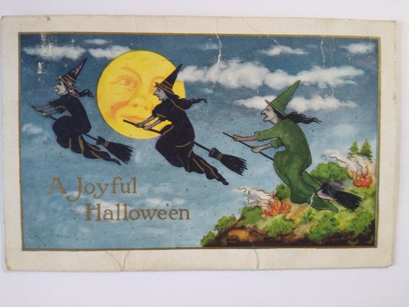 Halloween Postcard 3 Witches On Brooms Fly By Big Moon Man 1903 Tauton ...
