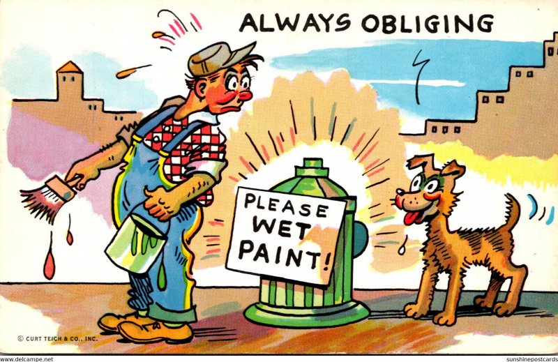 Humour Man Painting Fire Hydrant Please Wet Paint Dog Always Obliging ...