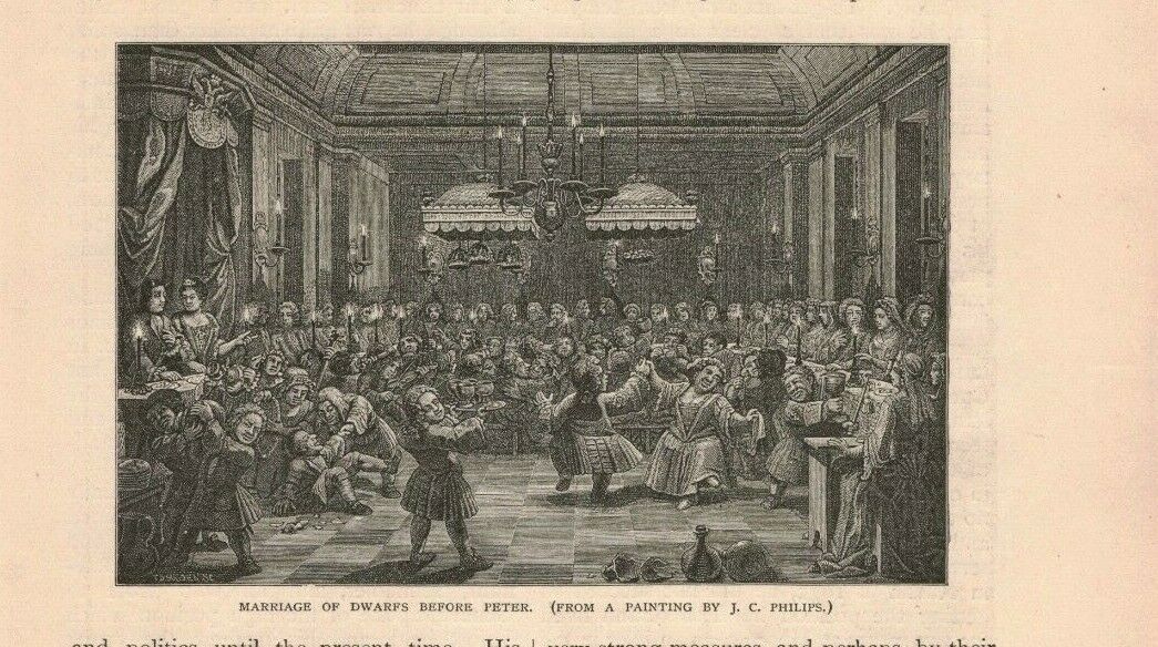 1880 Victorian Engraving Marriage of Dwarfs Before Peter The Great 2v1 ...