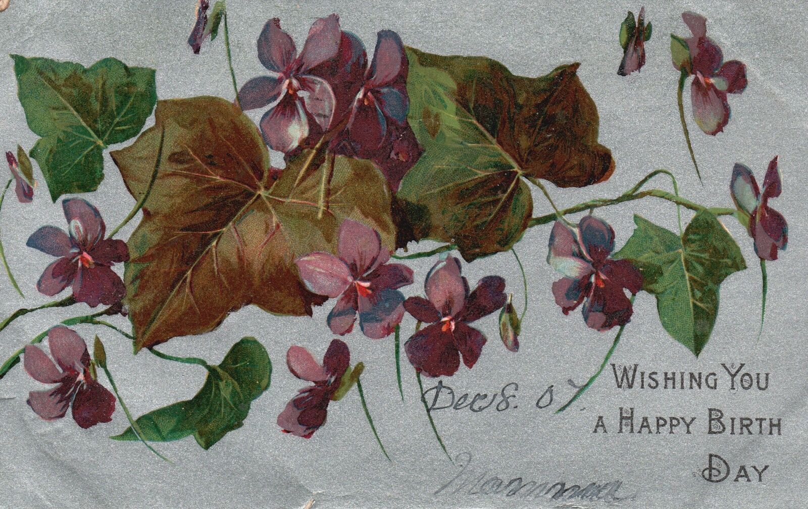 Vintage Postcard 1907 Wishing You A Happy Birthday Vine Leaves Violets ...